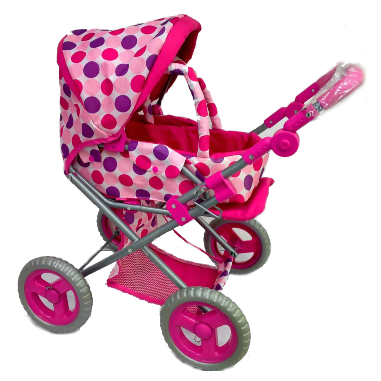 Aussie Baby Lovely Pink Purple Polka Bot Doll Pram with Carry Cot